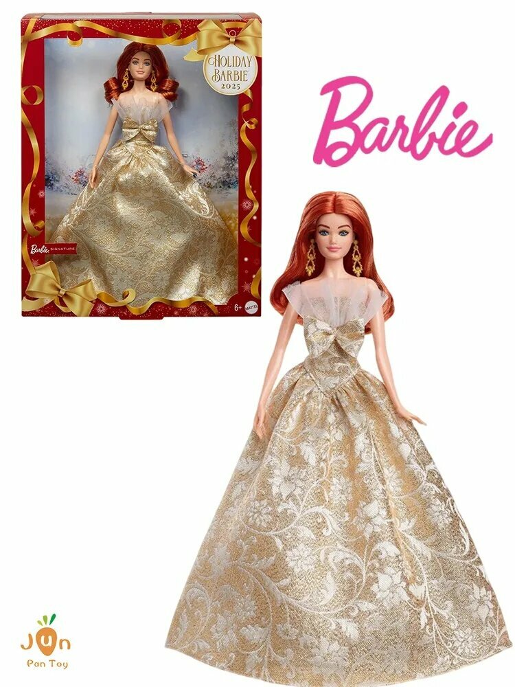 Кукла Barbie Рождественская Mattel Barbie Signature 2025 Holiday Doll JBJ04 / Модная Барби с рыжими волосами, в серебряном и золотом платье, подходит для детей от 6 лет и старше