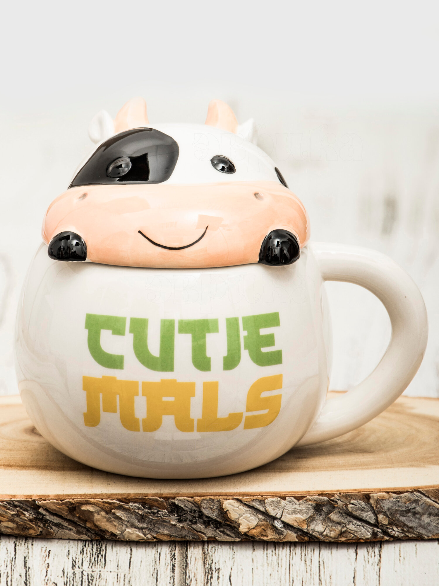 Кружка для чая с крышкой Корова Cow 490 мл, белый/черный, большая, керамическая, подарочная