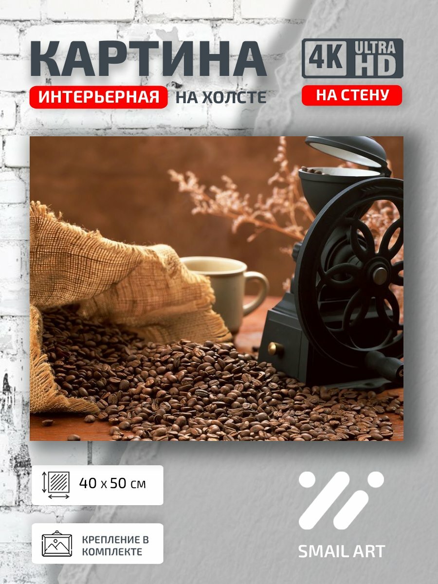 Картина на холсте интерьерная 40 на 50 на стену Кофемолка Food для студии кулинария декор