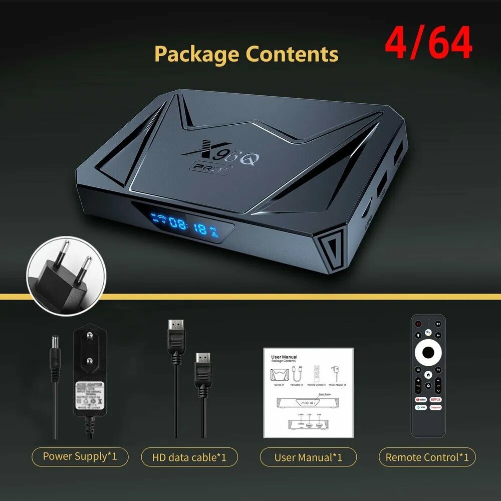 Смарт-медиаплеер, X96Q PRO+ 2025 года,4ГБ/64 ГБ, Android14 8K WIFI6/BT5.0 1000M USB3.0