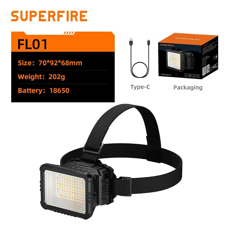 Налобный фонарь SUPERFIRE FL01 COB 2025 года, сверхъяркий, с желтым и белым светом, перезаряжаемый, для кемпинга и рыбалки
