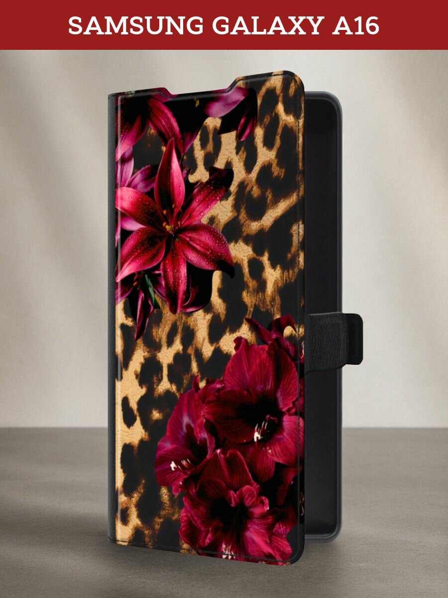 Чехол-книжка на Samsung Galaxy A16 / Самсунг А16 с принтом Красные цветы на леопардовом, черный