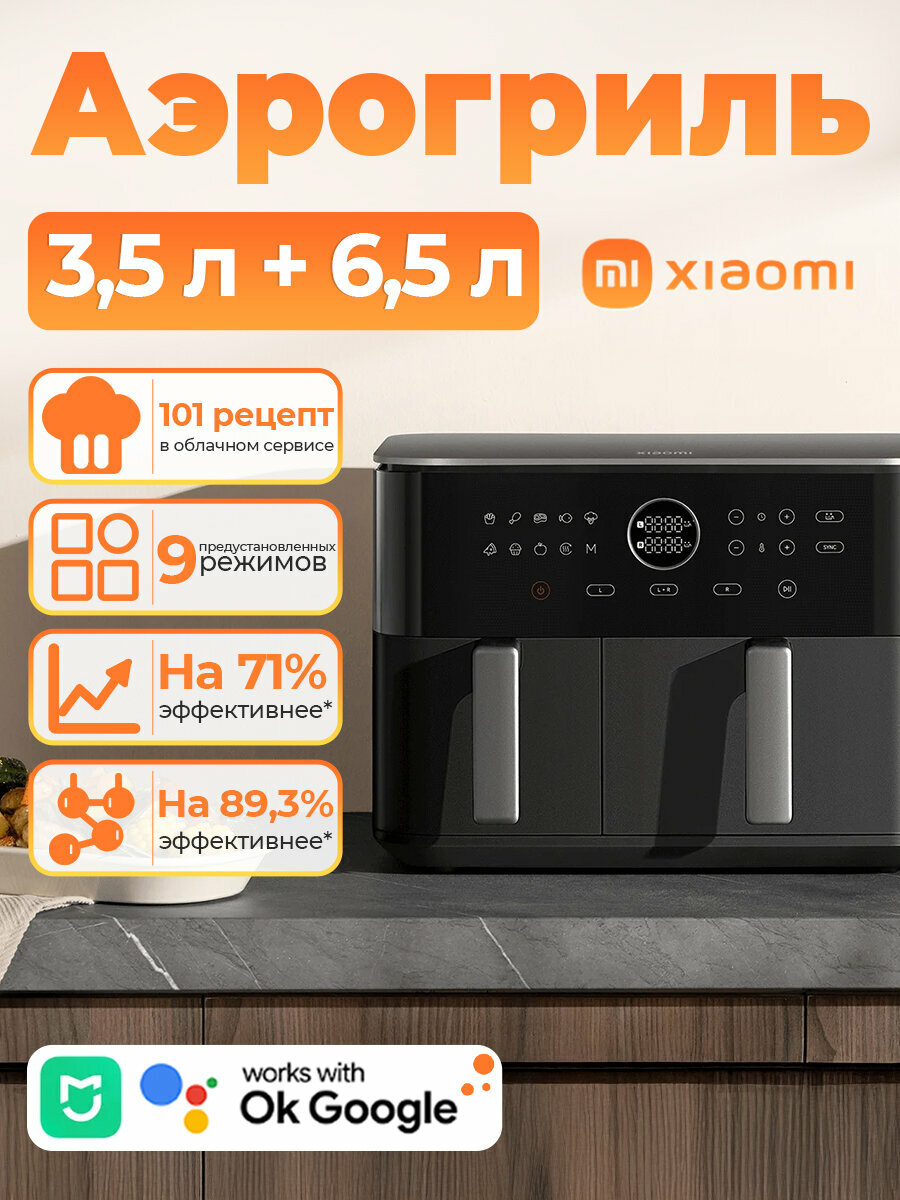 Аэрогриль Xiaomi 10 литров, двойная зона приготовления, умное управление, большой объем для семьи, 2700Вт, MAF-D1001