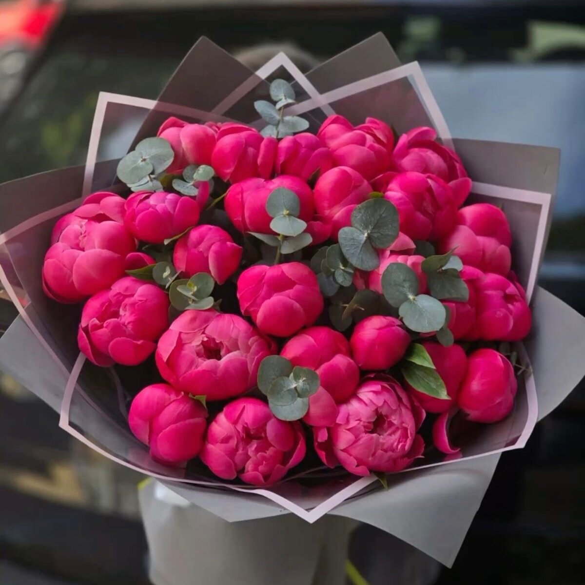 Букет из коралловых пионов 25 шт с эвкалиптом, красивый букет цветов, шикарный, премиум цветы, премиум букет