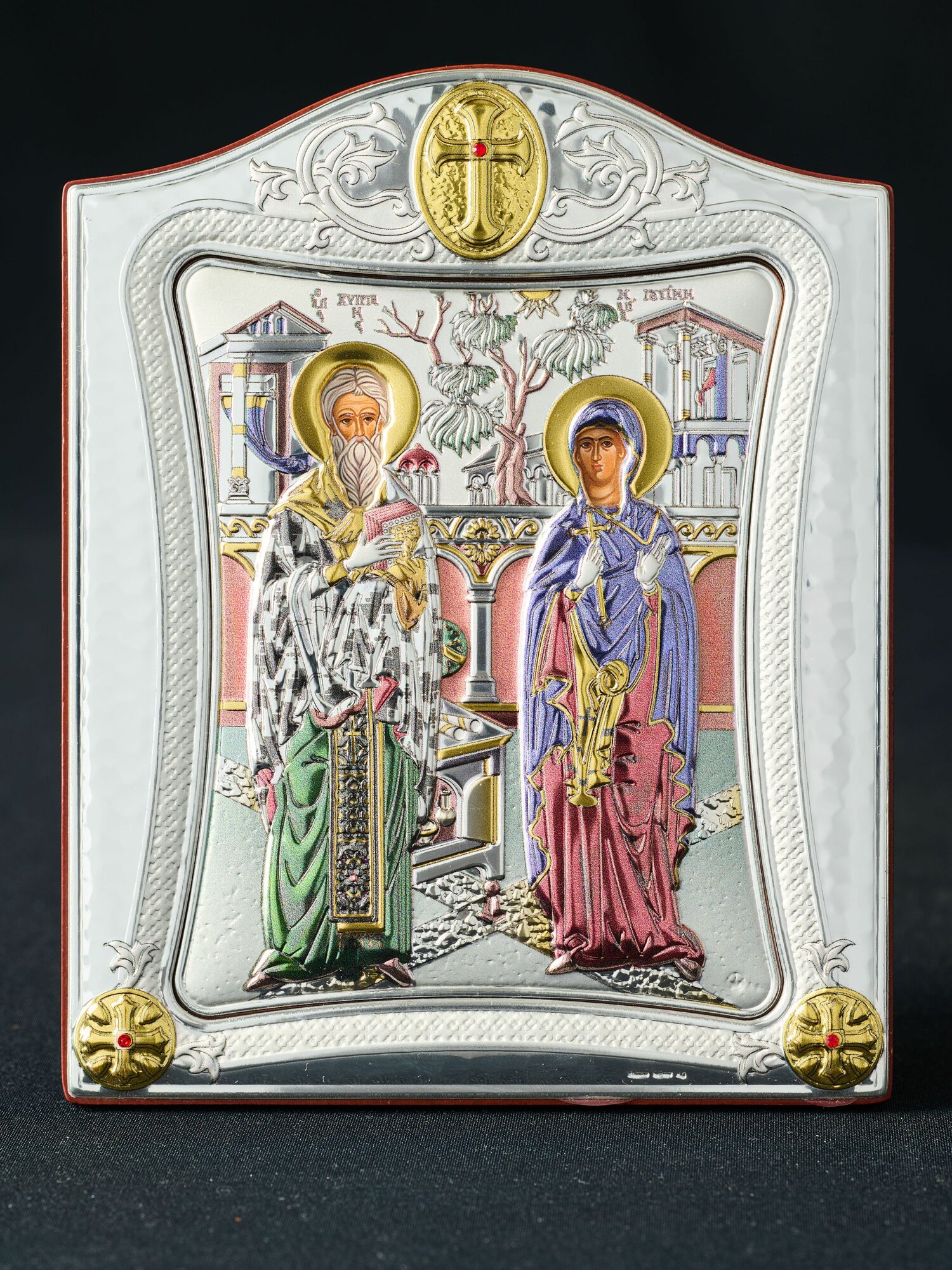 Серебряная икона Киприан и Иустина Греческая настольная