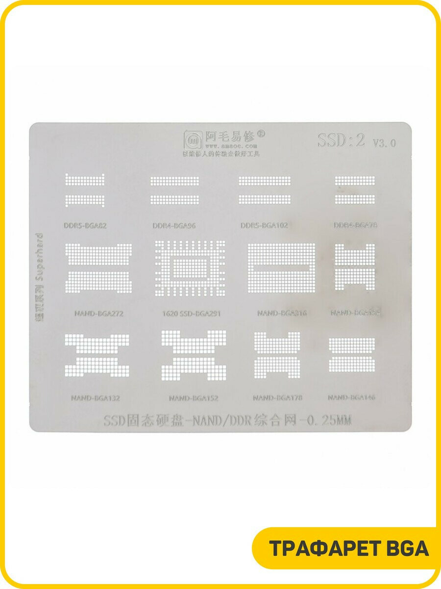 Трафарет BGA DDR4-BGA78/96 / DDR5-BGA82/102 / NAND-BGA272 и др. (SSD:2 V 3.0)