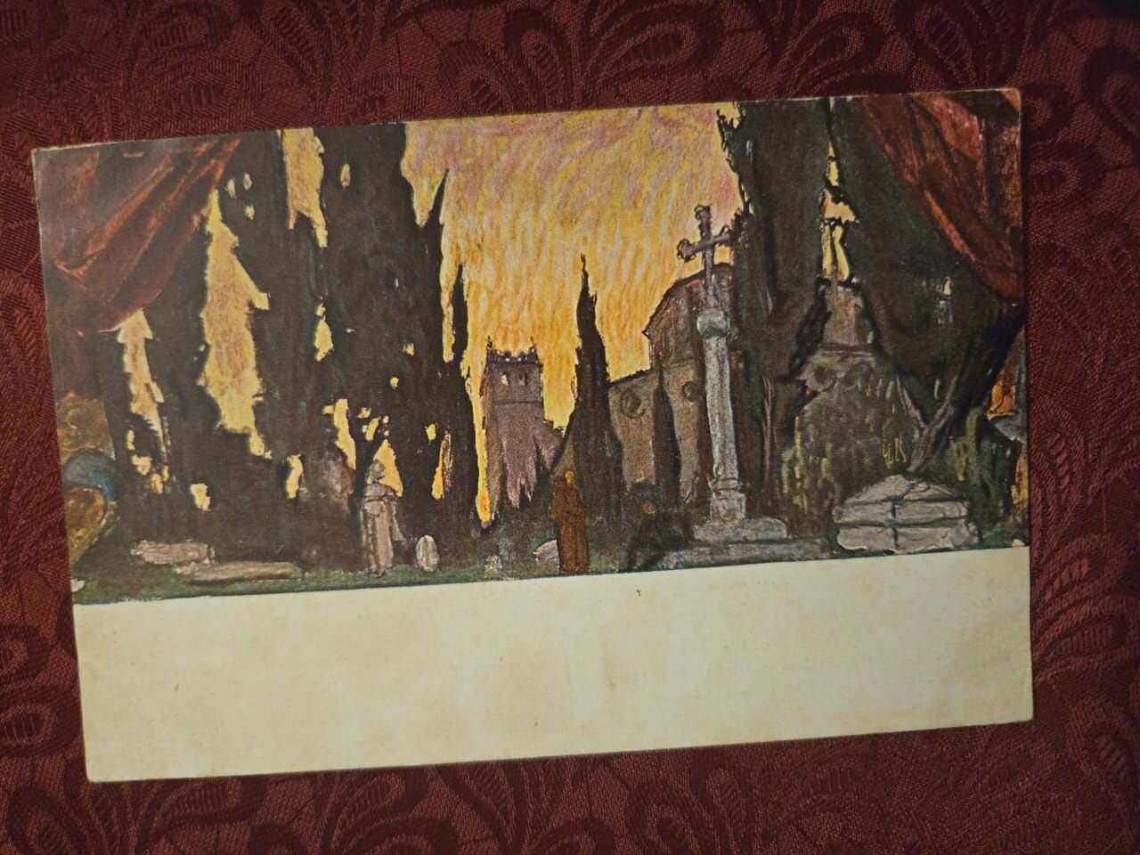 Открытка старинная антикварная Александр Бенуа - Эскиз декораций первой картины Каменного гостя