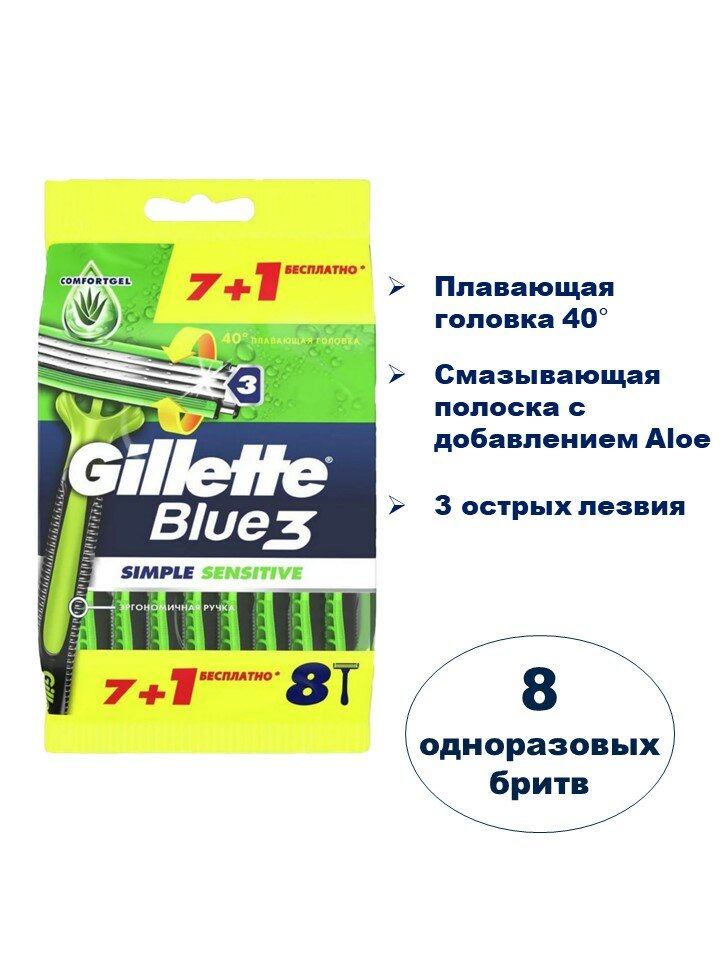 Бритва безопасная одноразовая Gillette Blue 3 Simple Sensitive 8 станков