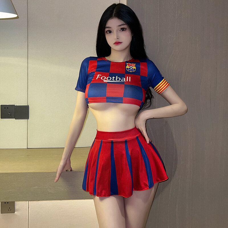 Сексуальный костюм чирлидерши, сексуальная футбольная красотка, не нужно снимать суперкороткую юбку, форма для косплея, нижнее белье 2368. Красный и синий топ + юбка + нижнее белье
