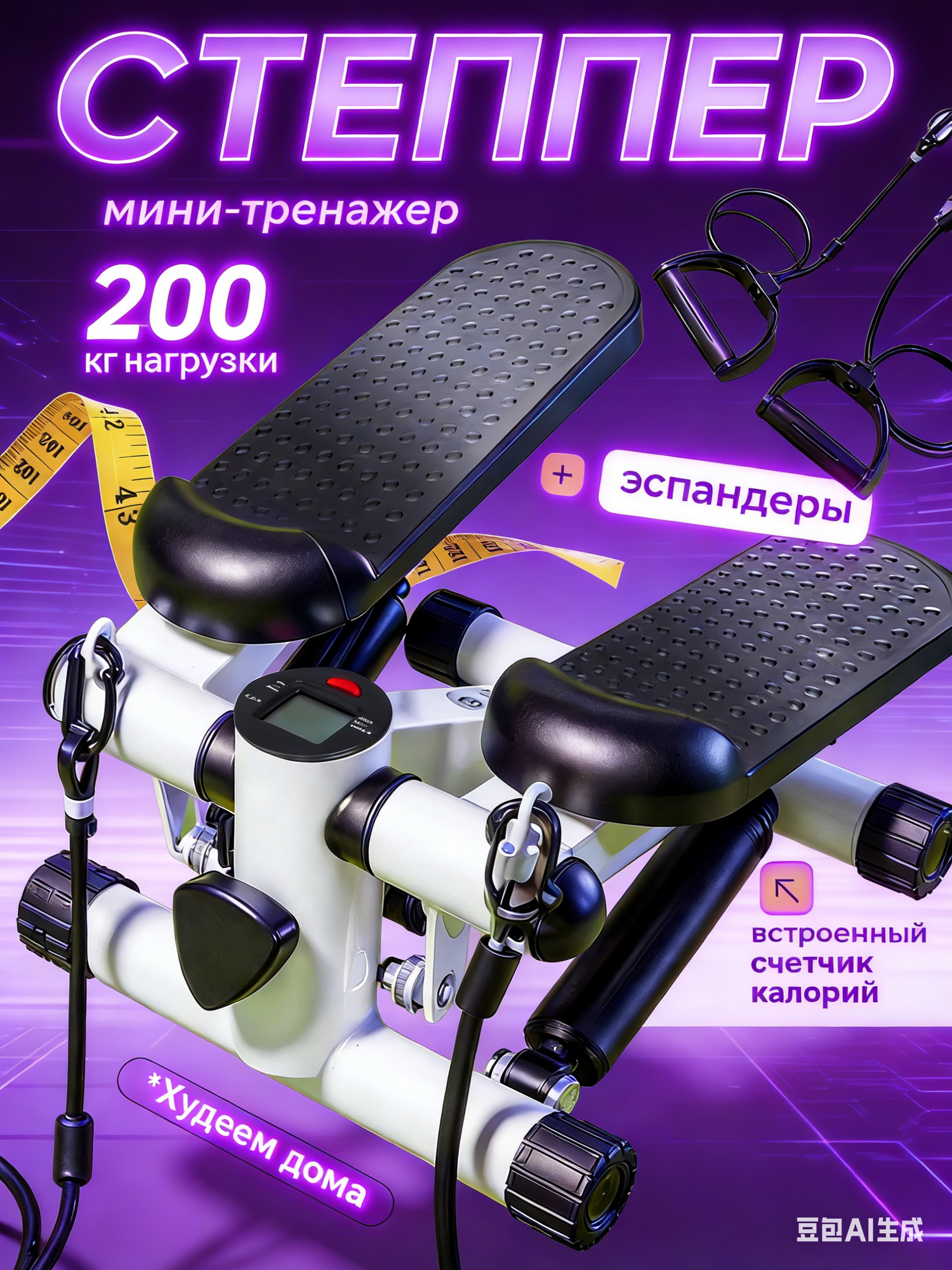 Степпер-тренажер для ног, бедер и ягодиц с эспандерами, максимальная нагрузка 200 кг