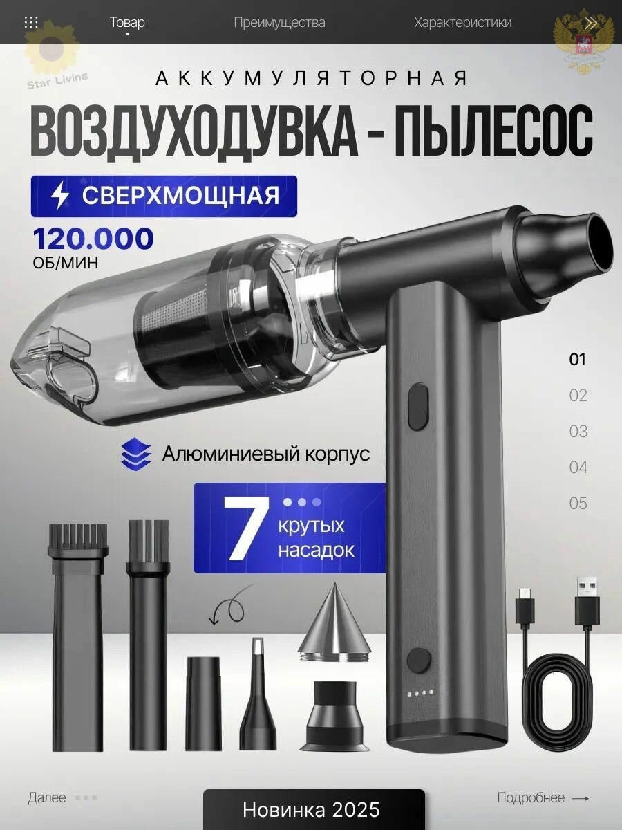 Воздуходувка аккумуляторная/ компрессор воздушный/ турбовентилятор 120000 об/МИН турбо вентилятор 8000 мАч