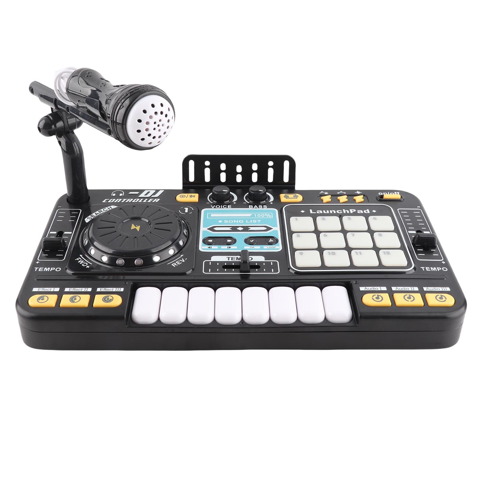 DJ-микшер с подсветкой, музыкальными эффектами, электронным музыкальным контроллером, системой микширования, совместимой с мобильным телефоном и микрофоном.