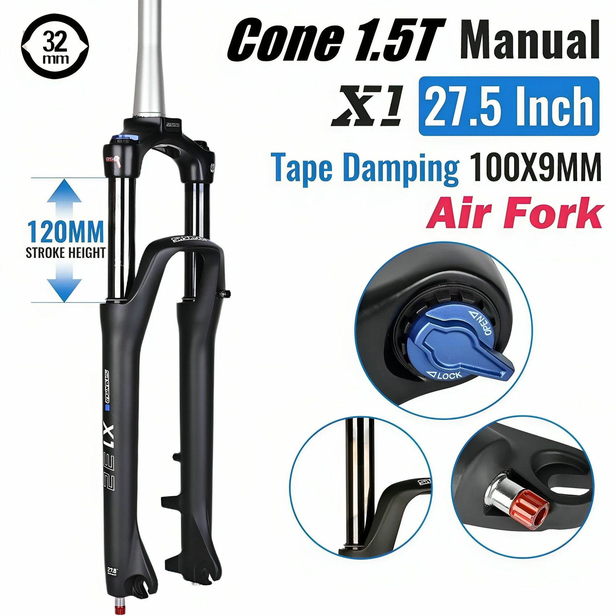 Амортизационная вилка SR SUNTOUR X1 для горного велосипеда с ходом 120 мм и пружиной на масле, подходит для колес диаметром 26, 27.5 и 29 дюймов.