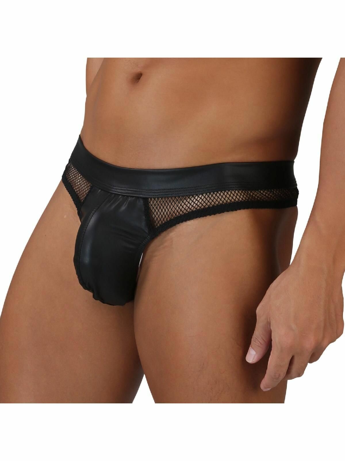 Мужские трусики-стринги из кожи, Черный - M