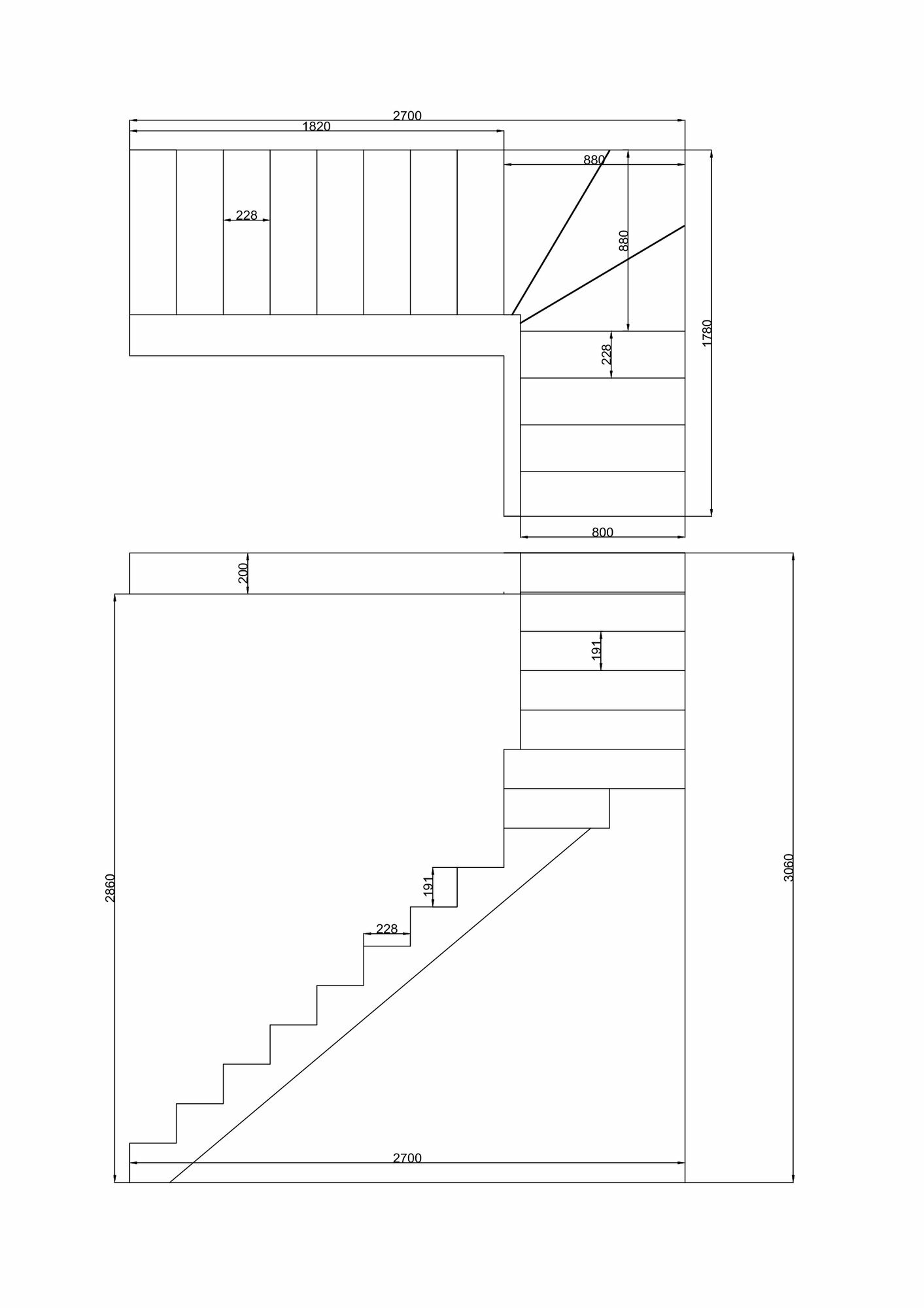 Лестница м/этажная,16 высот,12 прямых и 3 забежных ступени , без ограждения. Г- образная Разборная. Ширина 80 см.