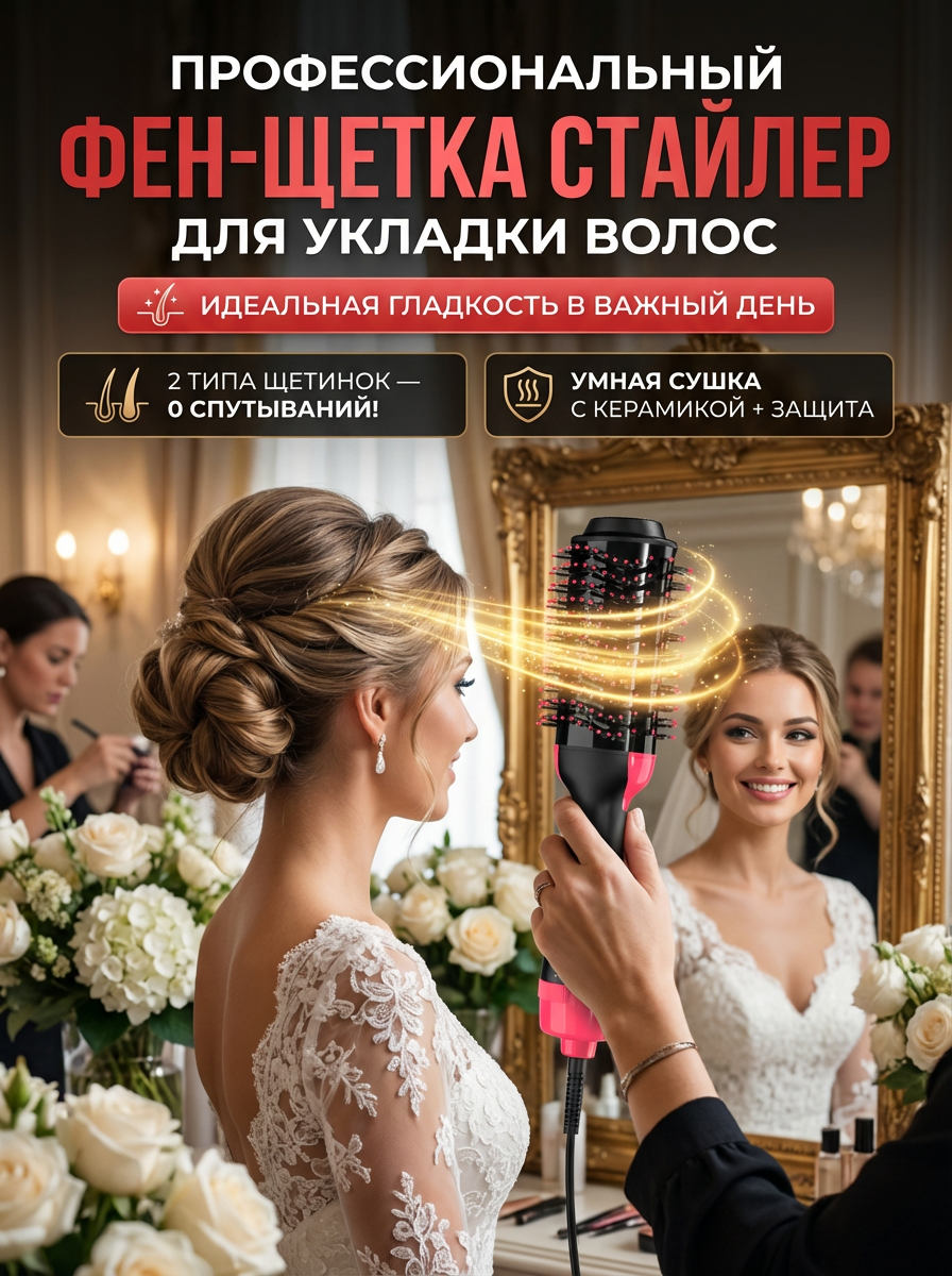 Фен-щетка для волос 3 в 1, Термощетка, Выпрямитель для волос, Стайлер, Расческа