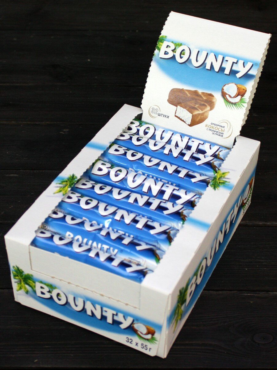 Шоколадные батончики Bounty с кокосом, 32 шт по 55 г