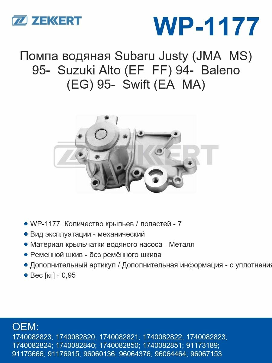 Zekkert Помпа водяная Subaru Justy (JMA MS) 95- Suzuki Alto (EF FF) 94- Baleno (EG) 95- Swift (EA MA)