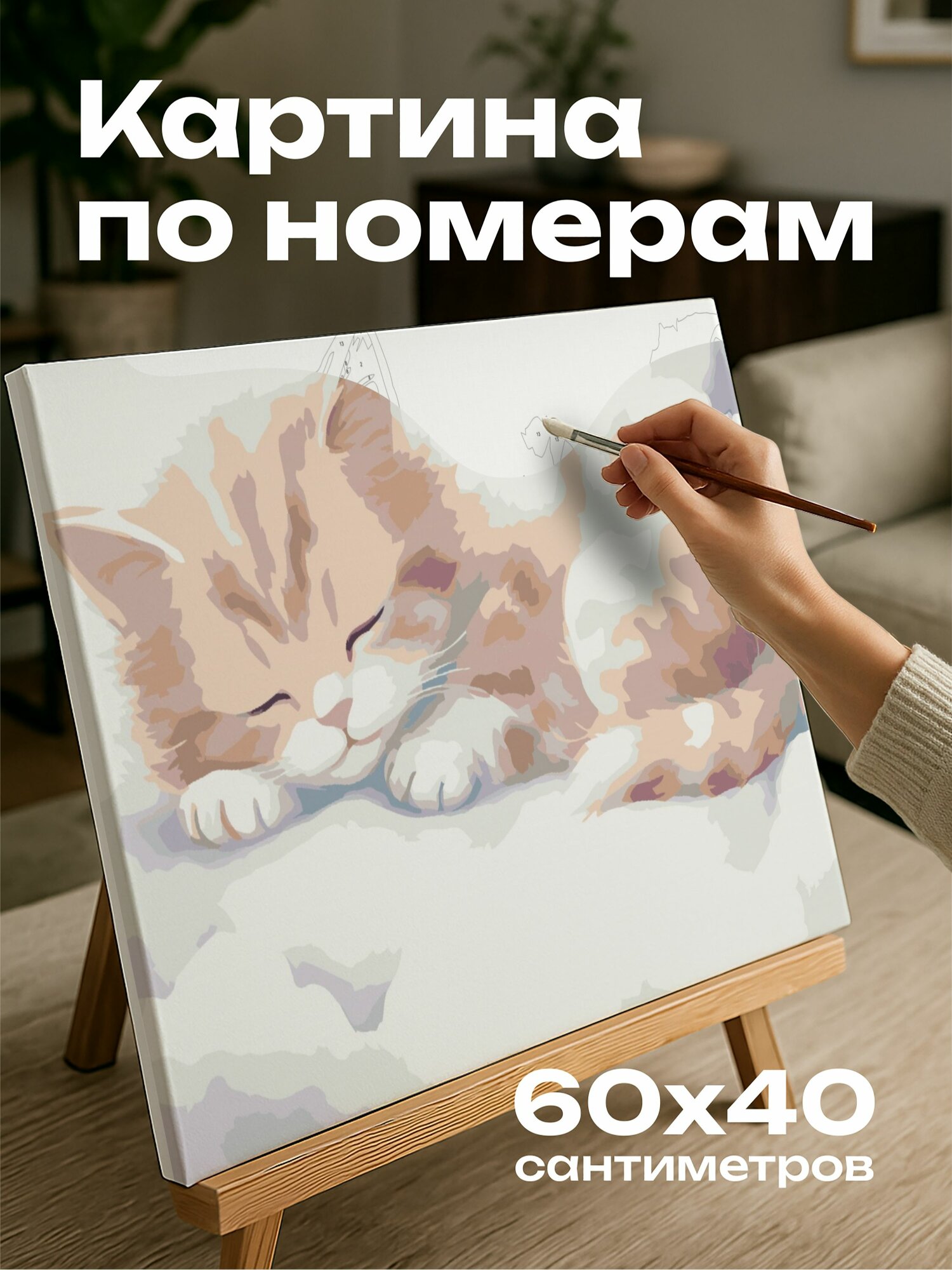 Картина по номерам 60x40 см, акварельная иллюстрация, сонная кошка, свернувшаяся калачиком, пушистое облако