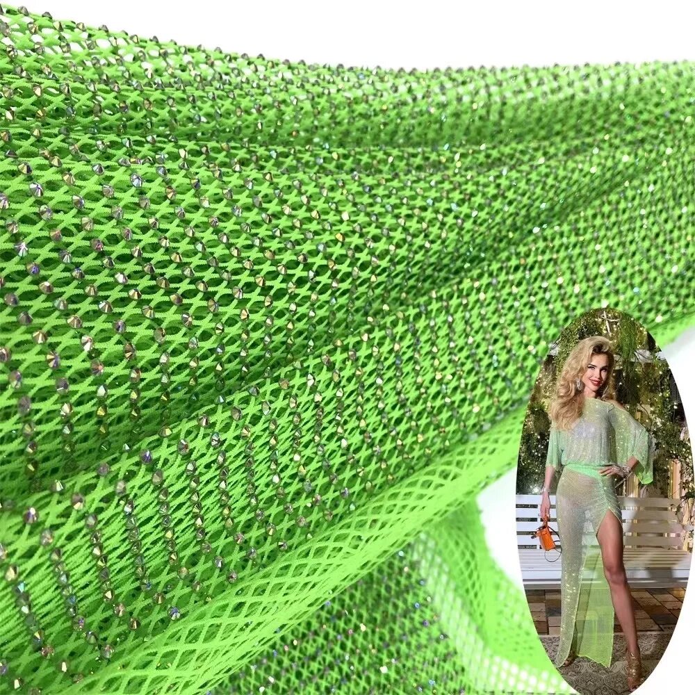 OMZHIMO Эластичная сетка с стразами SS10 100cm X 150cm, Green fabric ab