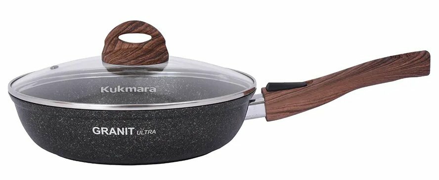 Сковорода 26см Kukmara сго263а Granit UltraBlack съемная ручка, крышка стекло, алюминий, антипригарное покрытие, черный, крышка стекло, съемная ручка литая толстосте