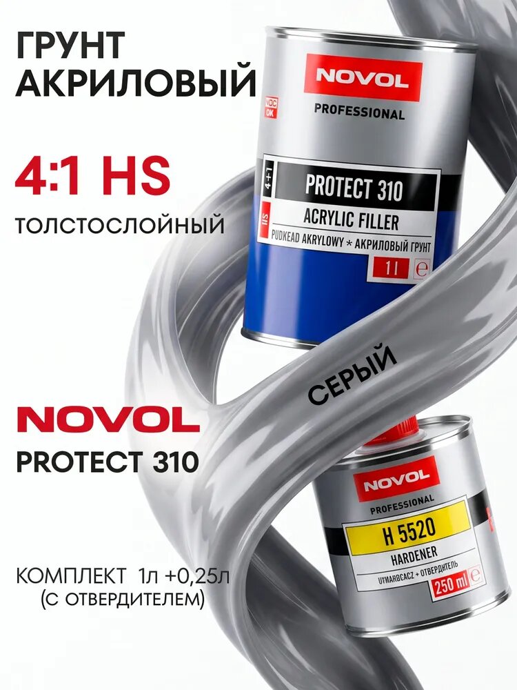 Грунтовка для автомобиля, акриловая, серая, NOVOL PROTECT 310 HS 4+1 2К грунт автомобильный серый 1.25 л