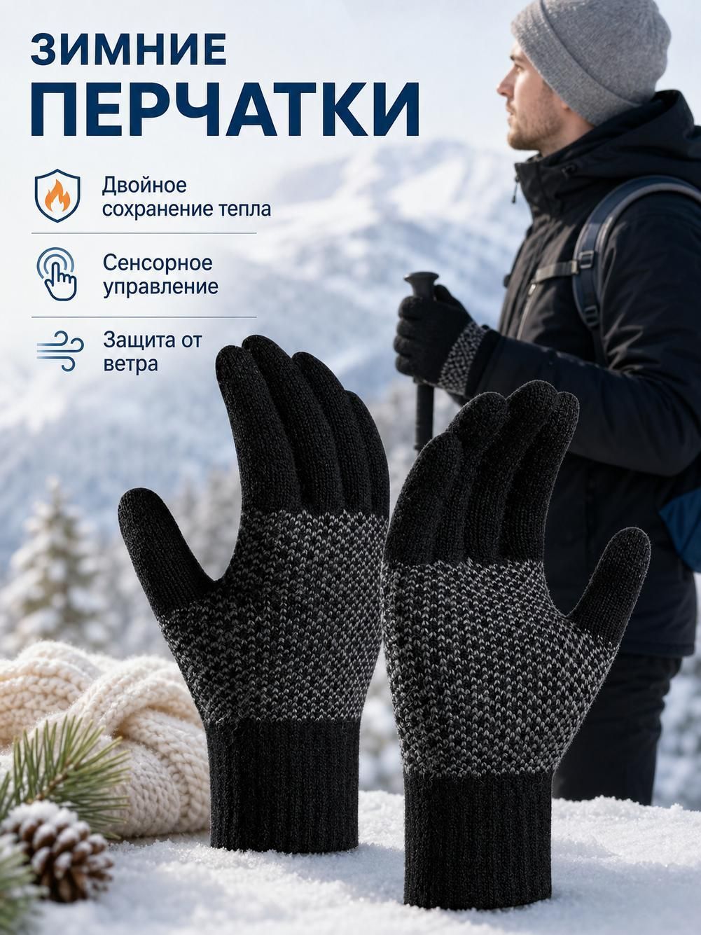 Перчатки  Осень-зима для мужчин и женщин, размер OneSize, черный