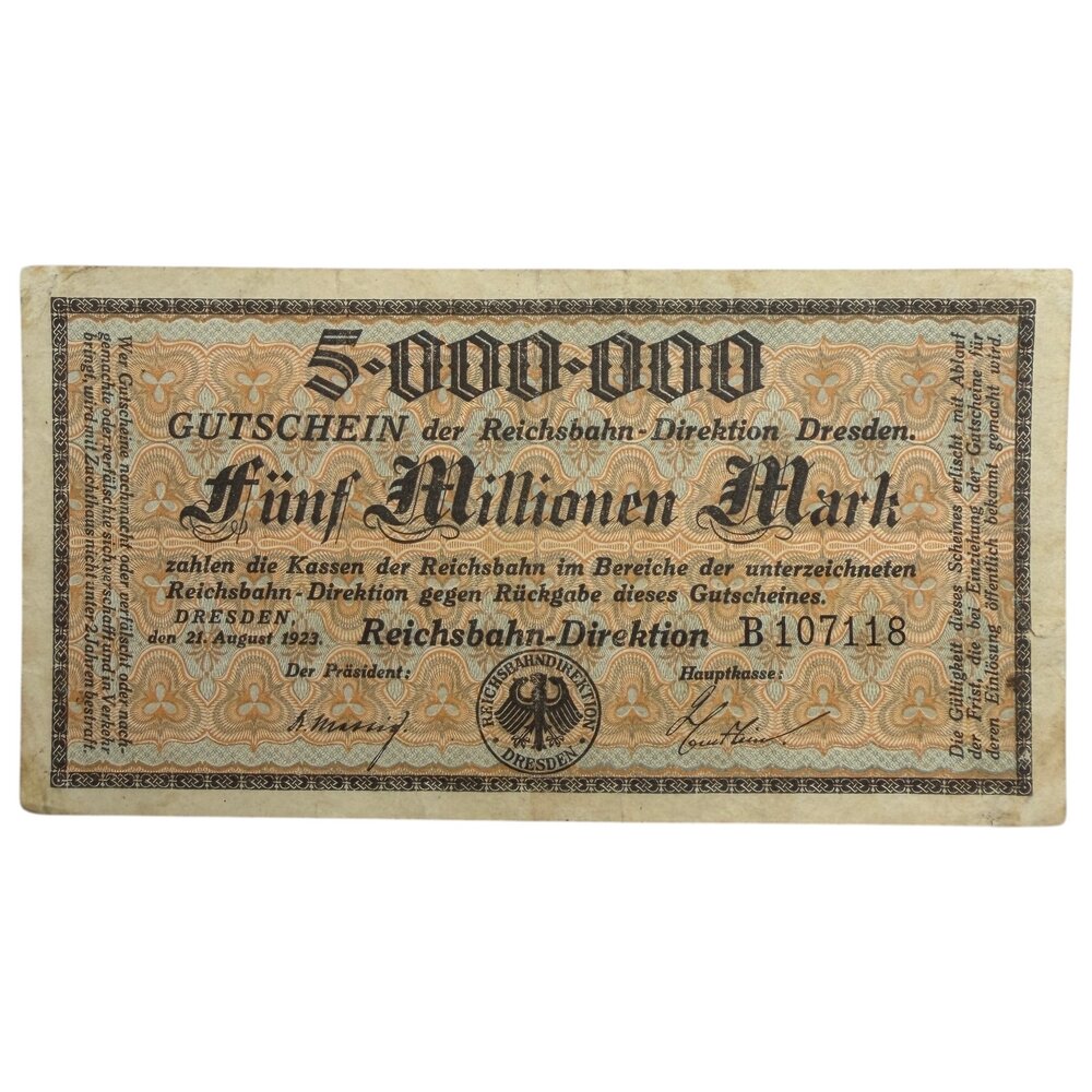 Веймарская республика, Дрезден, железная дорога 5000000 (5 миллионов) марок 1923 г. (Серия B)