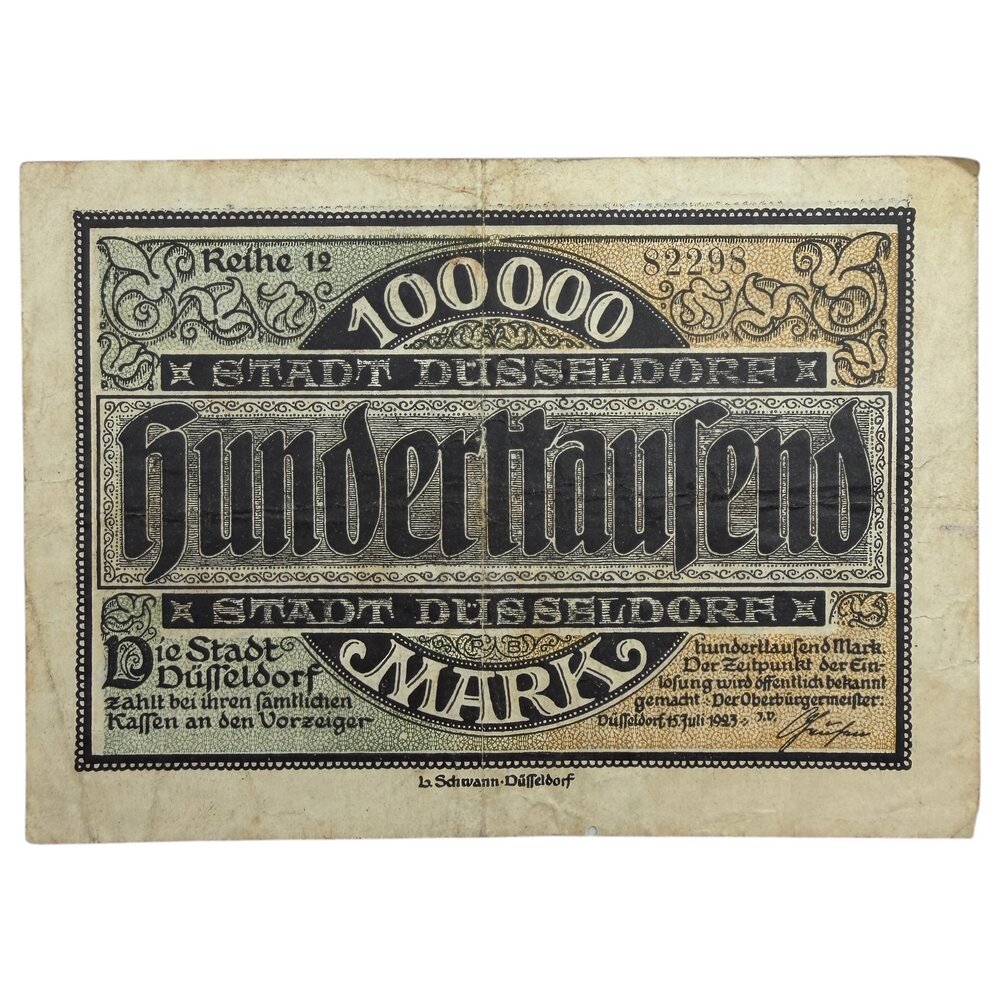 Германия (Веймарская республика) Дюссельдорф 100000 марок 1923 г. (15.07) (ВЗ - Furchen) (Серия 12)