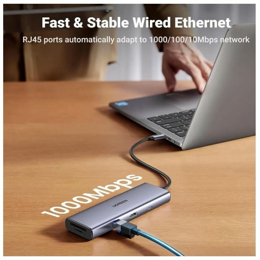 Конвертер UGREEN CM498 15375_ USB-C to 2*USB3.0+2*USB-C+HDMI+RJ45+SD&TF +PD port Converter. Цвет: серый — фото 1