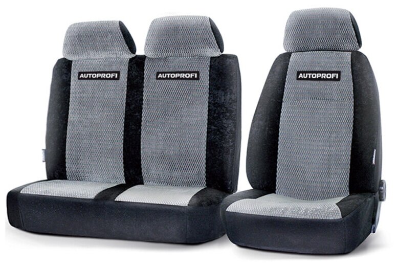 Авточехлы AUTOPROFI GAZ-002 BK/GY на ГАЗель, Соболь, Валдай, водит.+пассажир. сиденье велюр, чёрн./серый