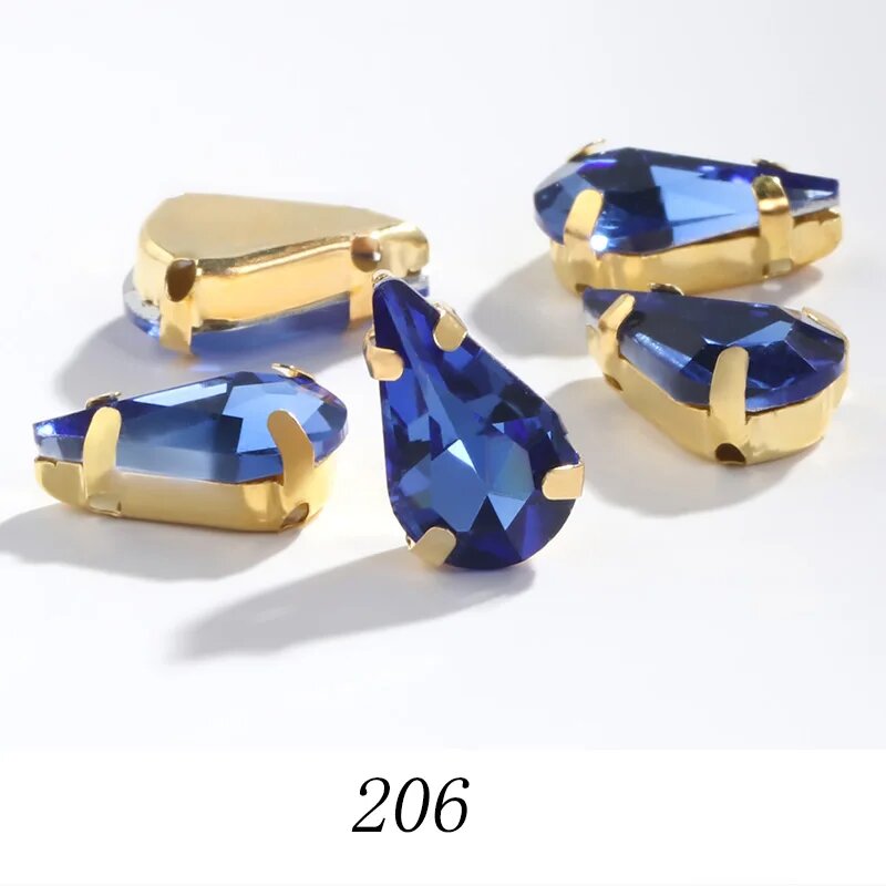 Стразы каплевидные синие 6x10 мм (30шт) с золотым когтем, 206 Sapphire