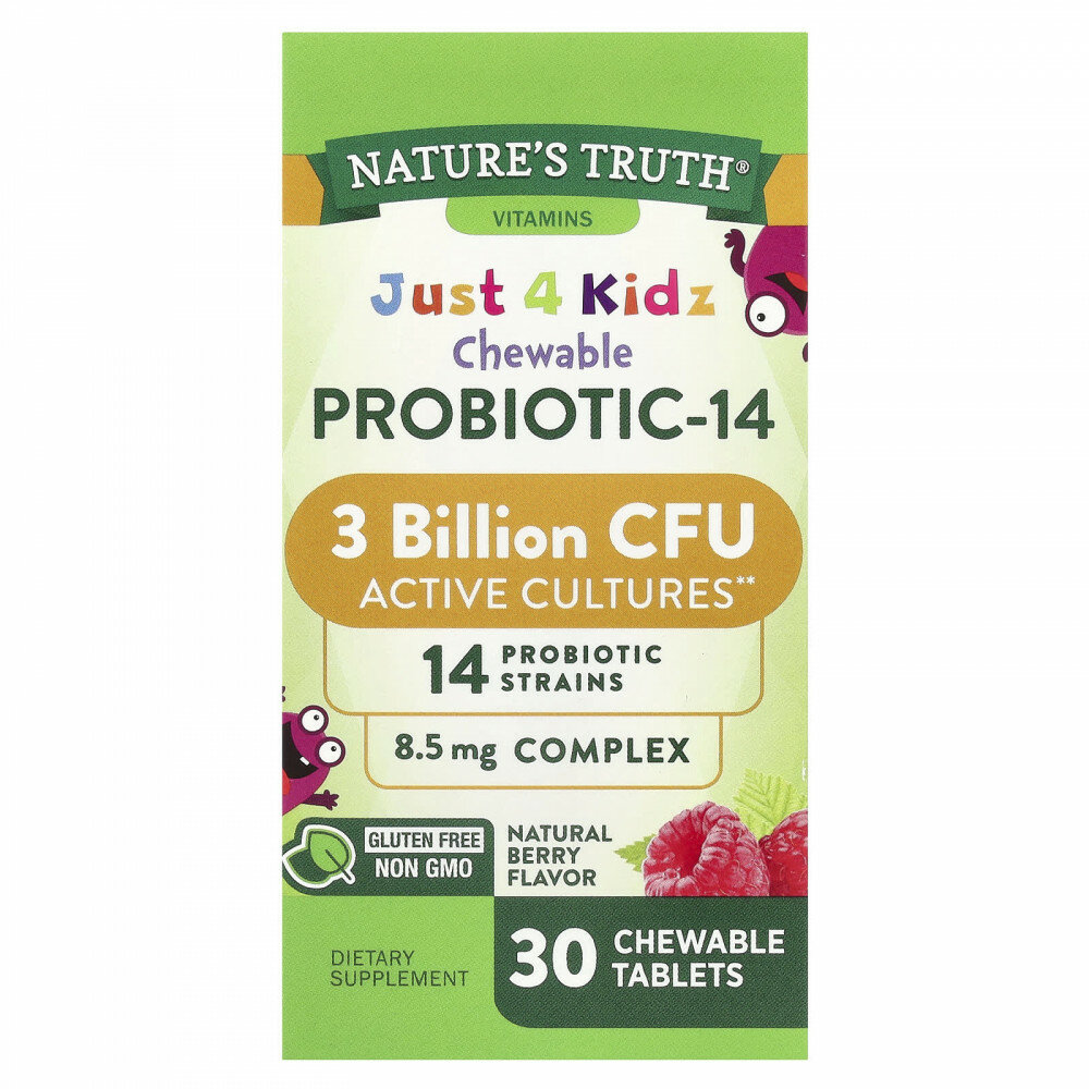 Nature's Truth, Just 4 Kidz, одна жевательная таблетка с пробиотиком-14, вкус ягод, 30 жевательных таблеток