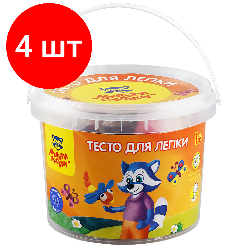 Комплект 4 шт, Тесто для лепки Мульти-Пульти "Енот в деревне", 12 цветов*30г, пластиковое ведро