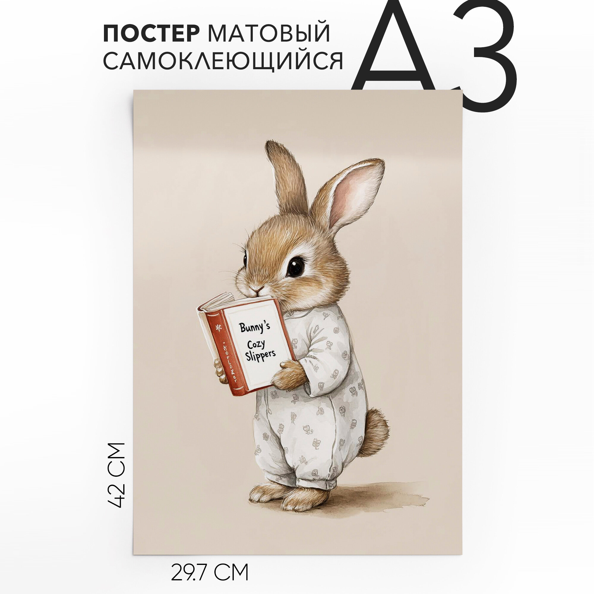 Постеры плакаты, детский самоклеящийся A3 Зайчик, влагостойкий, для декора