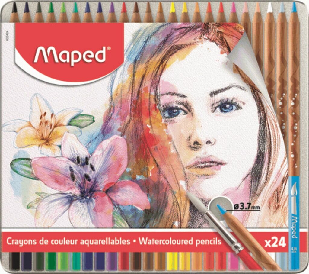 Акварельные карандаши Maped "Artist", 24 цвета, с кисточкой, в металлическом футляре