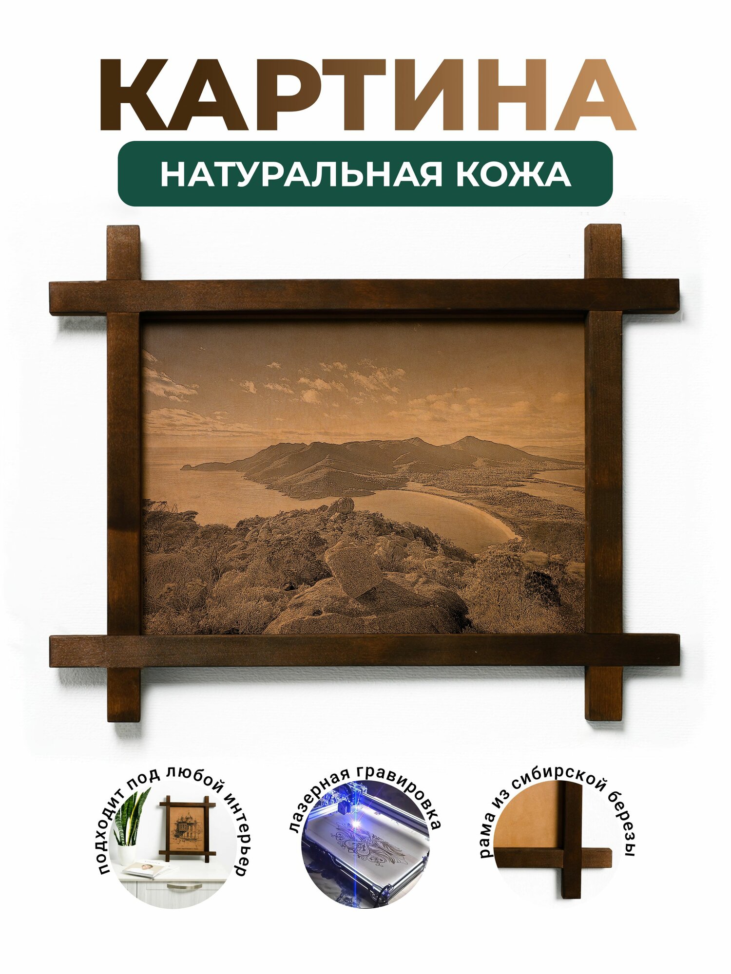 Интерьерная картина из натуральной кожи "Остров Тасмания, Австралия", декоративное настенное панно в деревянной раме, BoomGift