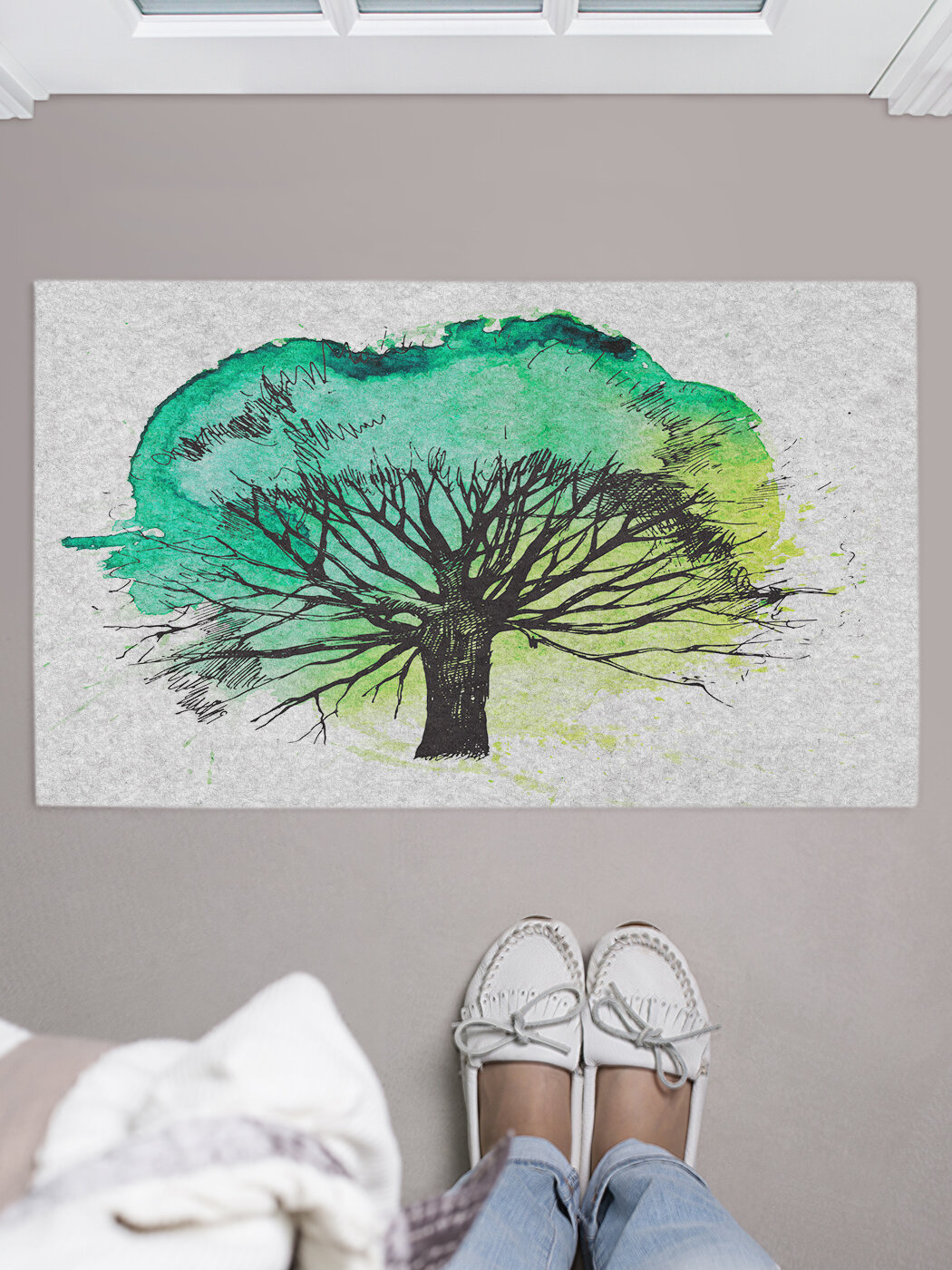Коврик придверный в прихожую с принтом "Большое дерево акварель" 45 на 75 см , JoyArty