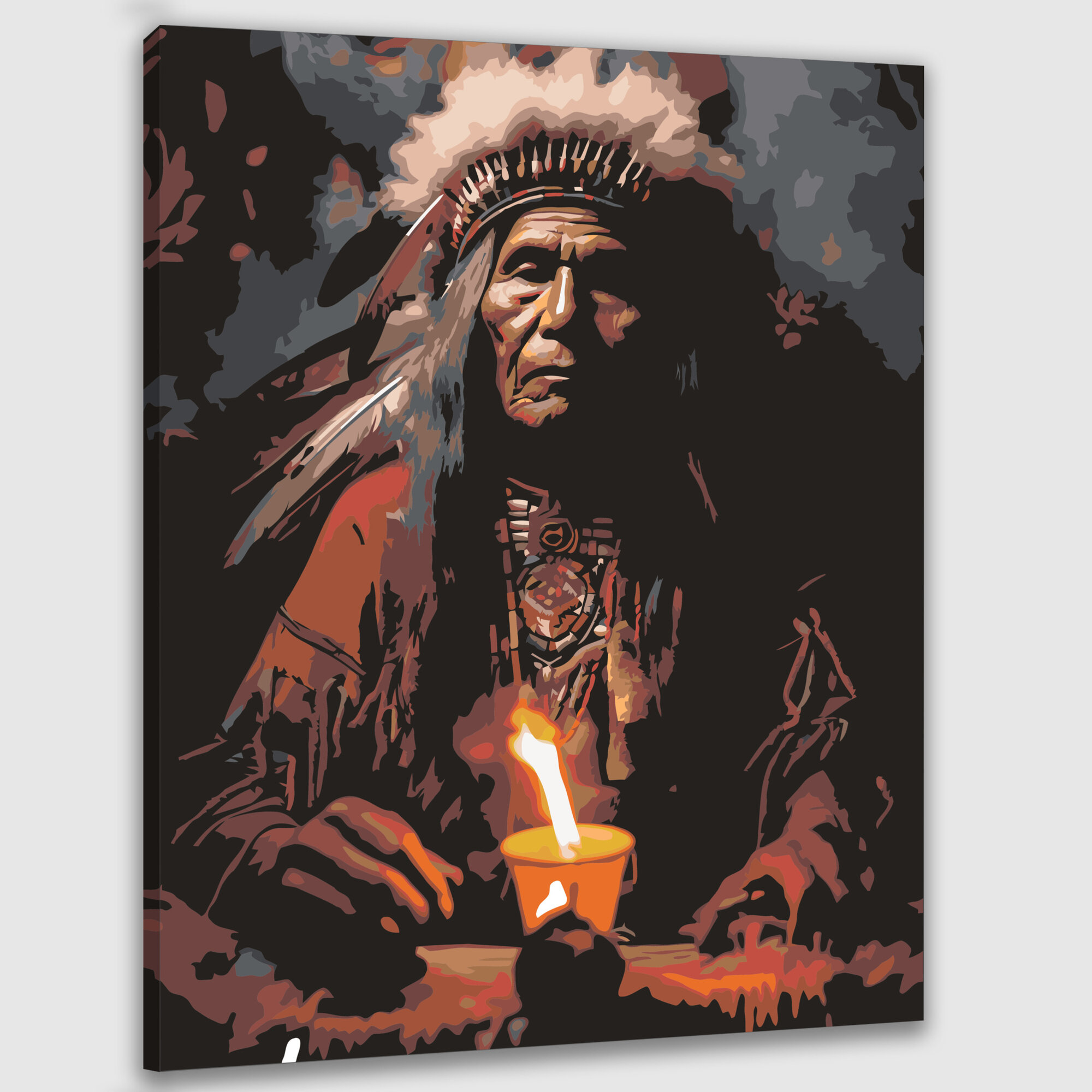 Картина по номерам 40x50 см, фотография, шаман, транс, дым, свет, свечи, взгляд, украшенный наряд, древняя мудрость