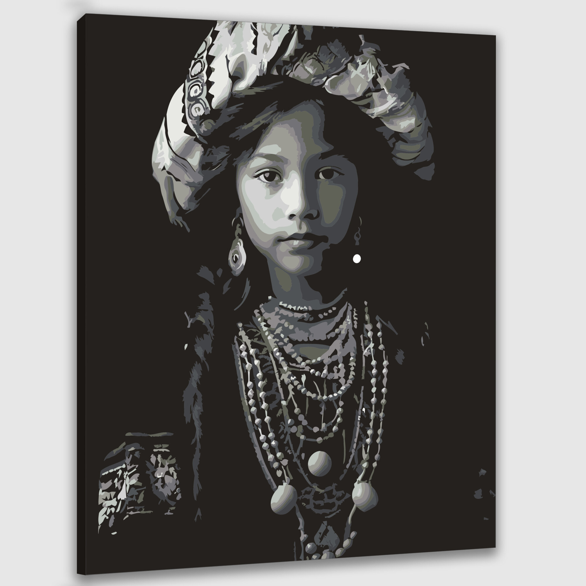 Картина по номерам 40x50 см, черно-белая фотография, молодая девушка, традиционный костюм, грация, элегантность, глаза