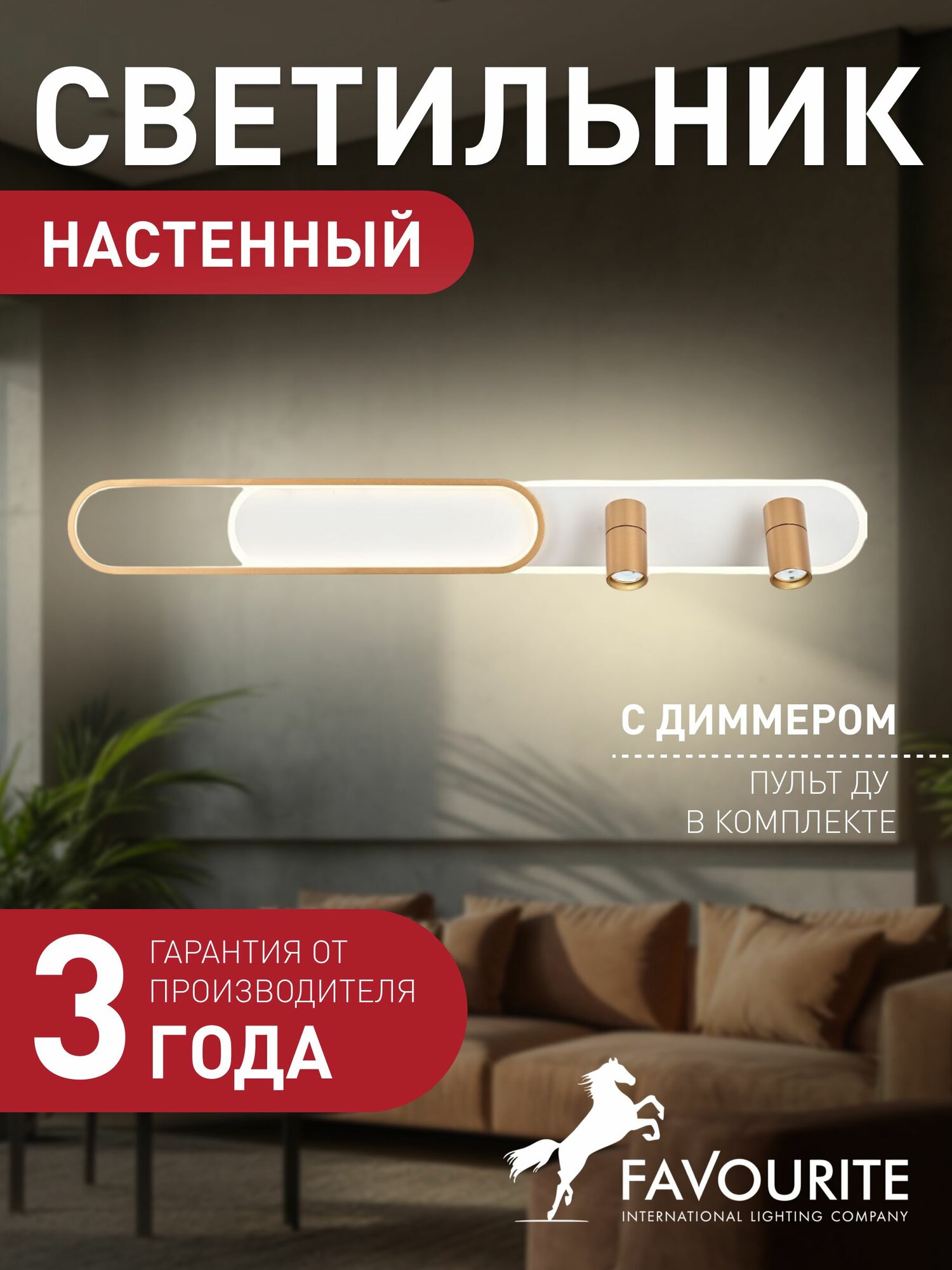 Настенно-потолочный светильник поворотный с пультом ДУ и диммером FAVOURITE 4075-2C, 21 кв м, LED светодиодная 50 Вт, 3000-6000 К теплый-холодный, IP20, мет, акр