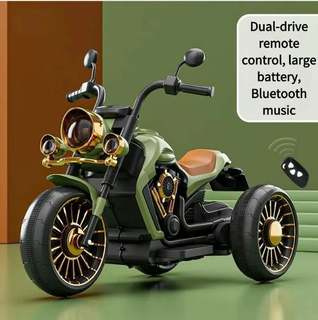 Детские мотоциклы, электровелосипеды, трехколесные велосипеды, зеленые