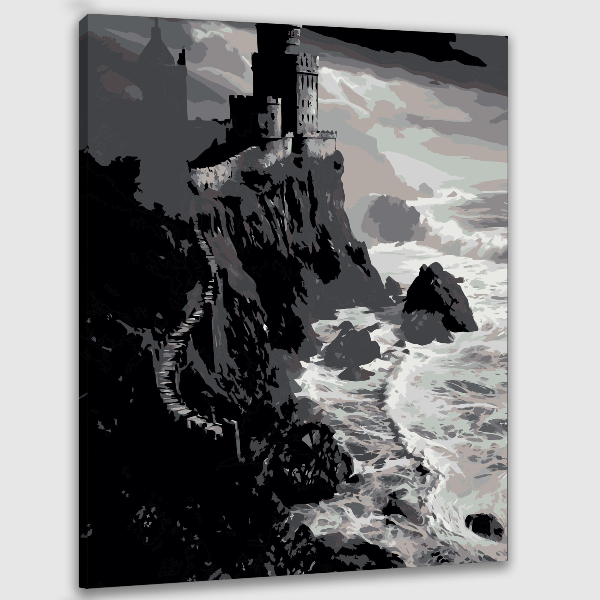 Картина по номерам 40x50 см, черно-белая фотография, древний замок, скалистый утес, неспокойное море, тени