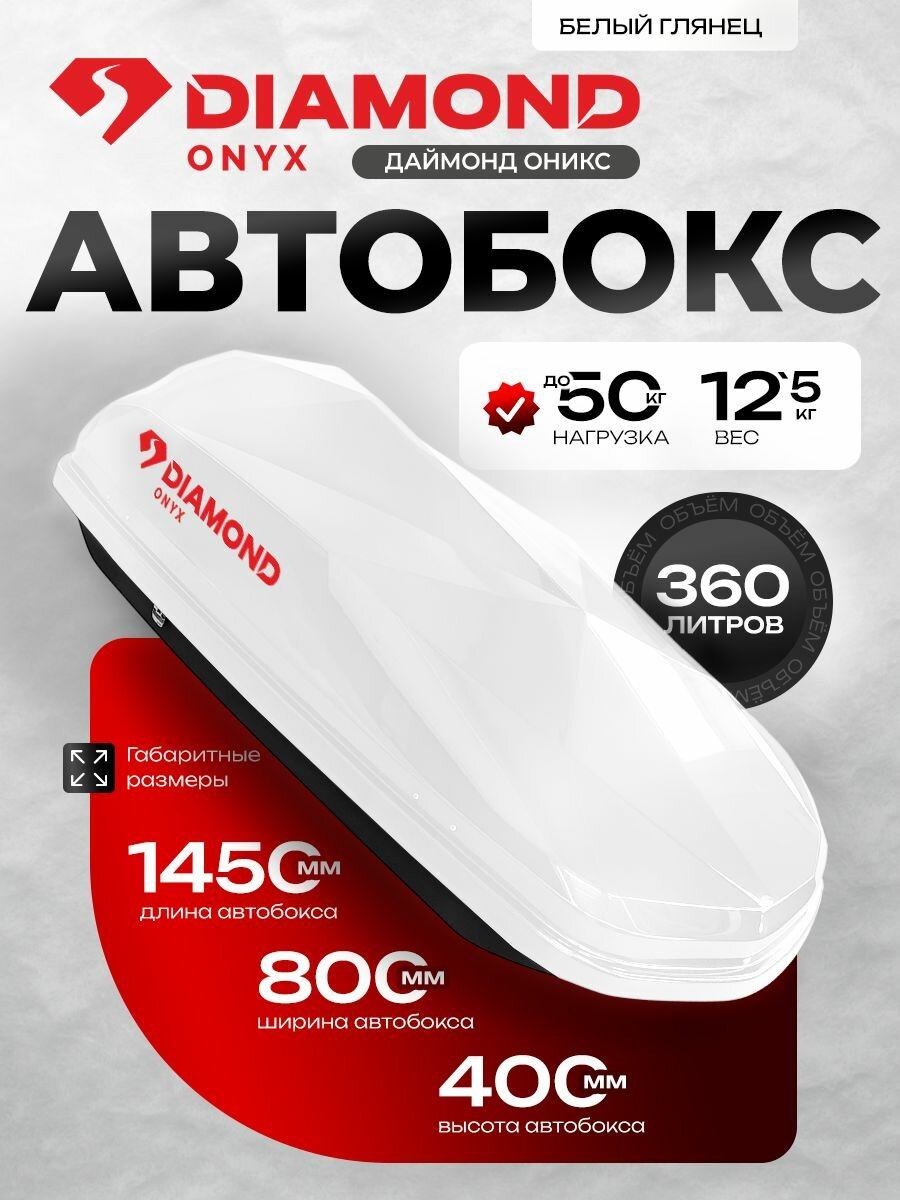Автобокс DIAMOND ONYX двусторонний / усилители / крепления "краб" / 145 см / белый глянец