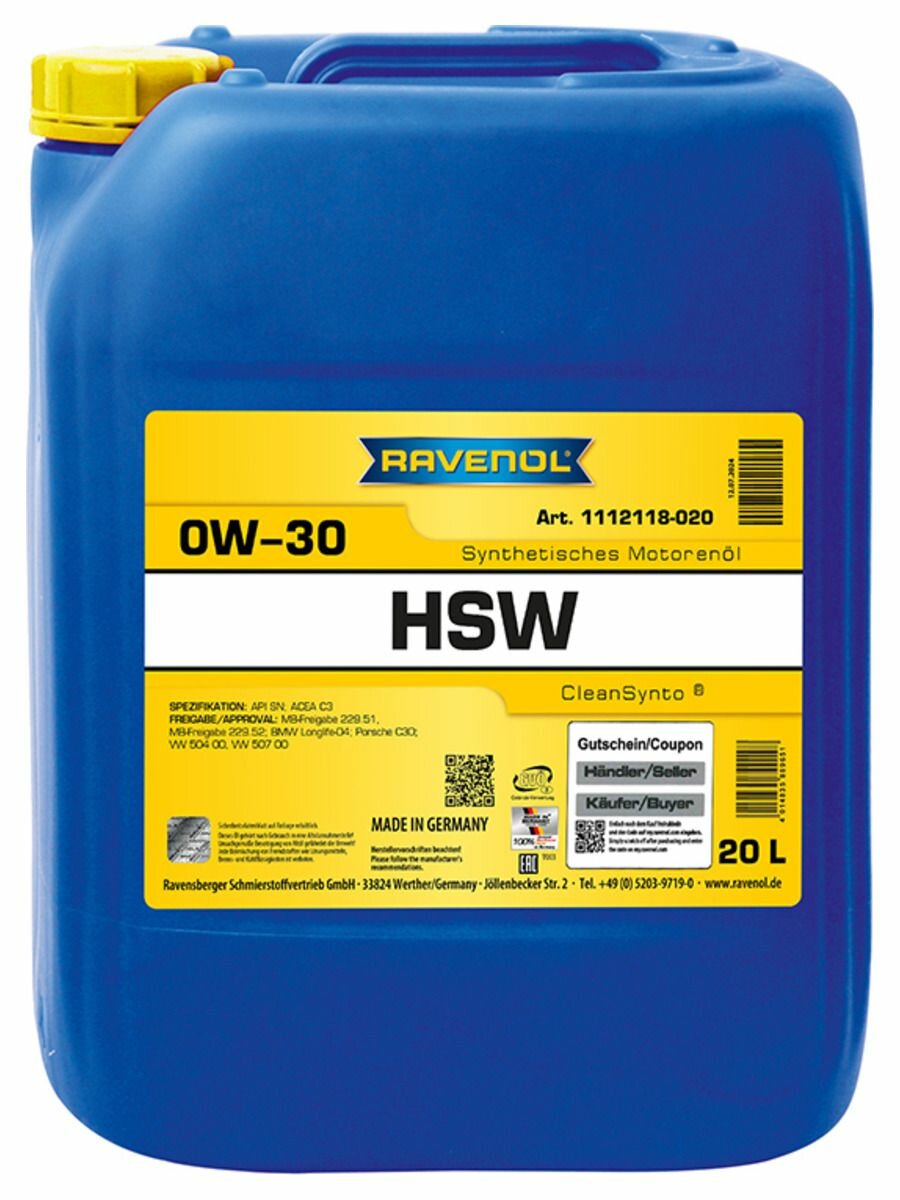 RAVENOL HSW 0W-30, 20 литров