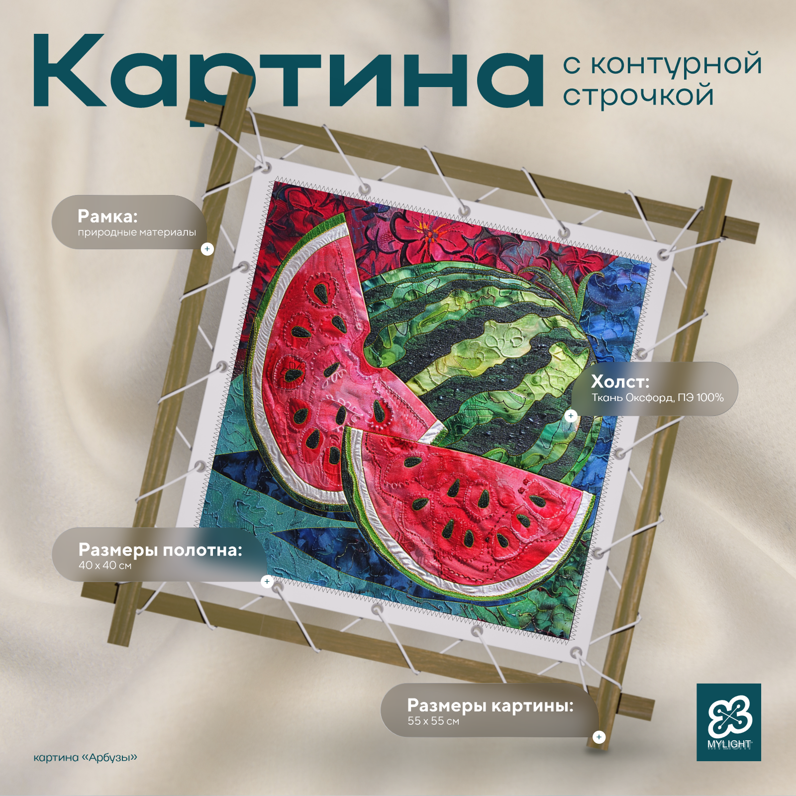 Картина, MYLIGHT, "Арбузы", в деревянной раме, контурная строчка цветной нитью, разноцветная, 55x55 см