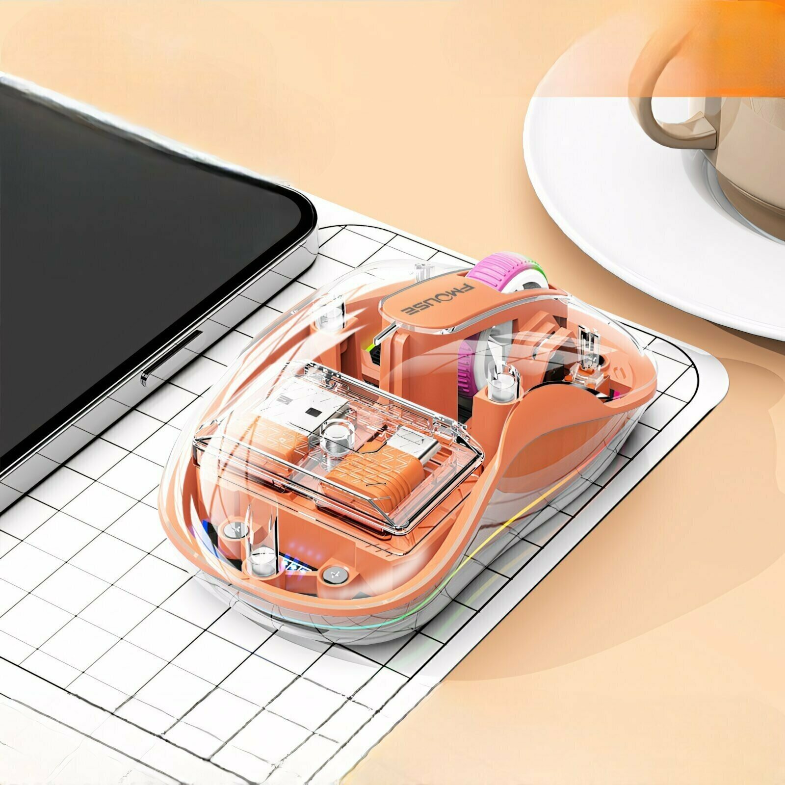 Мышь, беспроводная, трехрежимная, прозрачная, Bluetooth, USB, Type-C, оранжевый
