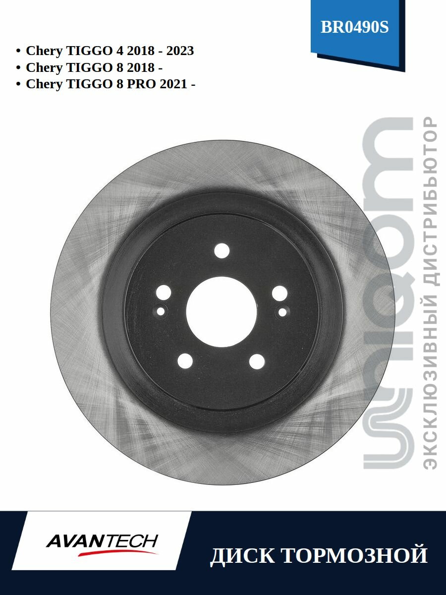Диск тормозной задний Chery TIGGO 4 2018 - 2023 / Chery TIGGO 8 2018 -/ Chery TIGGO 8 PRO 2021 -; AVANTECH BR0490S