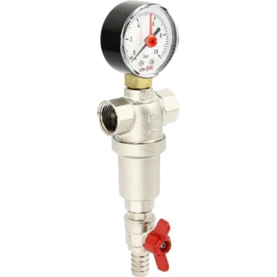 Фильтр промывной Uni-fitt , В 1/2" MINI со сливным шаровым краном и манометром, никелированный