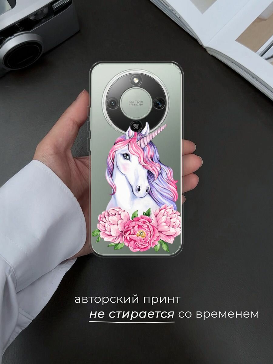 Чехол на Honor X9d / Хонор X9d с принтом Единорог с пионами, прозрачный — фото 1